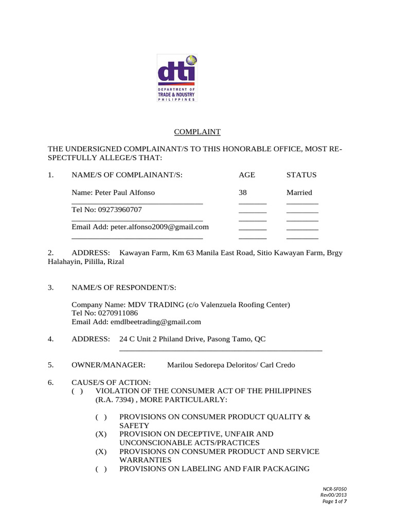 40 NCR-SF050 - Complaint Form | PDF | Business Law | Business