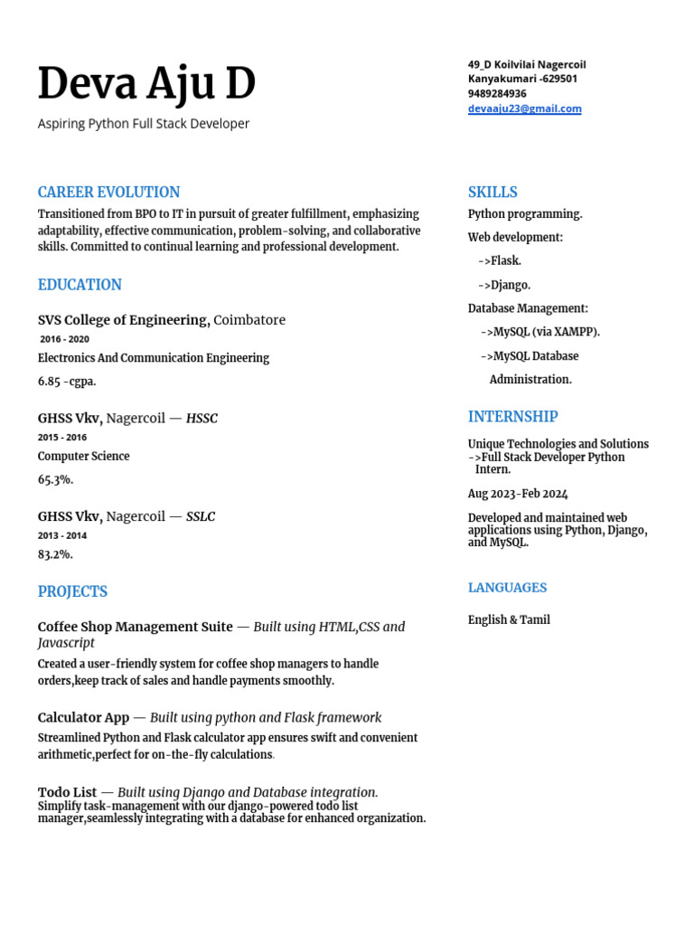 Deva Aju- CV | PDF | Python (Programming Language) | Software Development Deva Aju- CV | PDF | Python (Programming Language) | Software Development