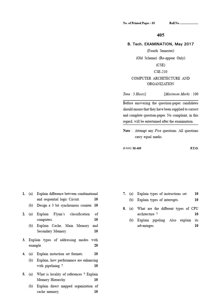Btech Cse 3 Sem Computer Architecture And Organization Cse210 May 2017