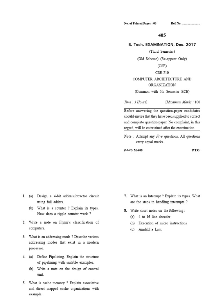 btech-cse-3-sem-computer-architecture-and-organization-cse210-dec-2017 | PDF | Cpu Cache ...