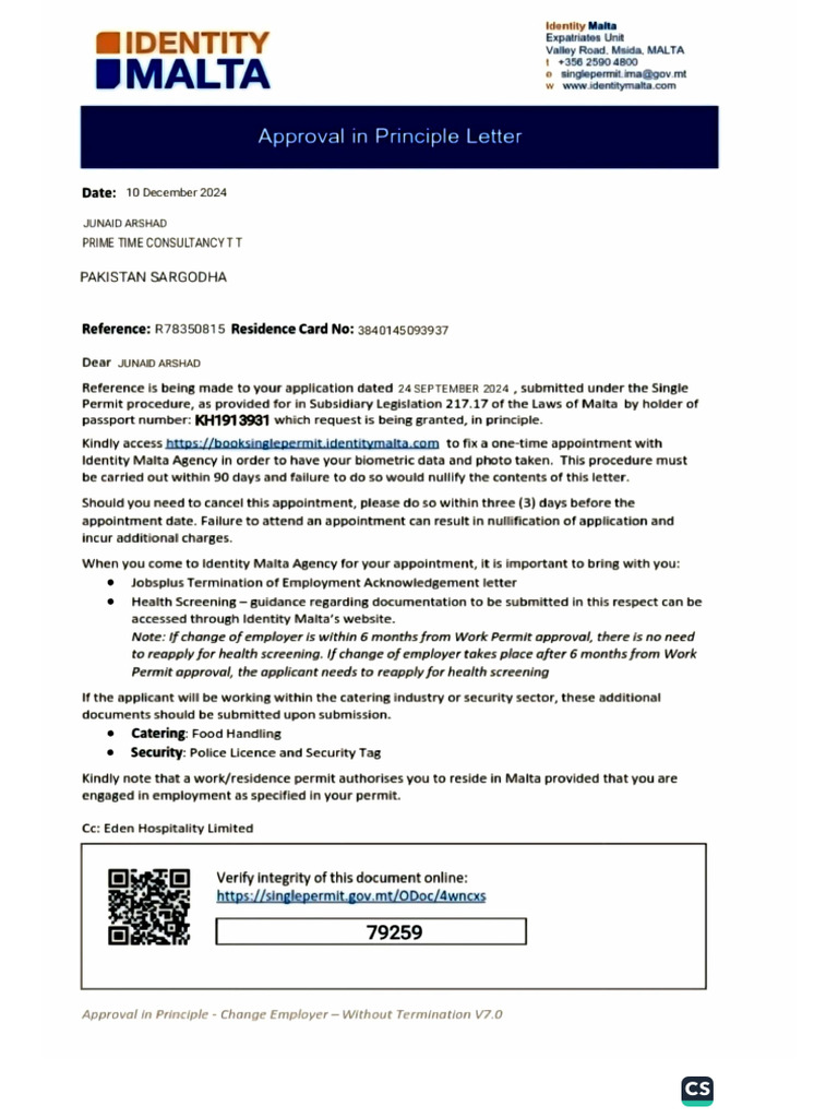 Junaid Arshad Workpermit - PTC | PDF