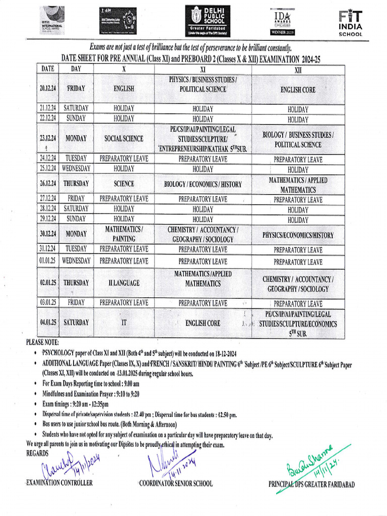 Date Sheet For Pre Annual Examination (Class XI) & Pre Board 2 ...