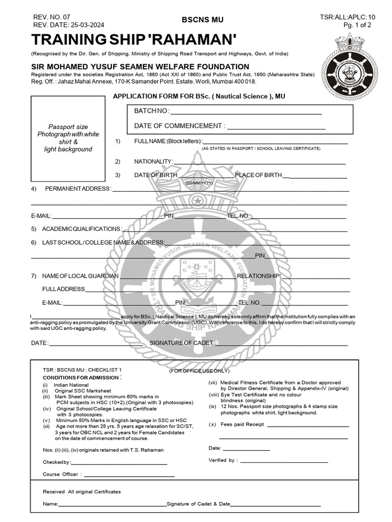 BSc Nautical Science Application Form | PDF