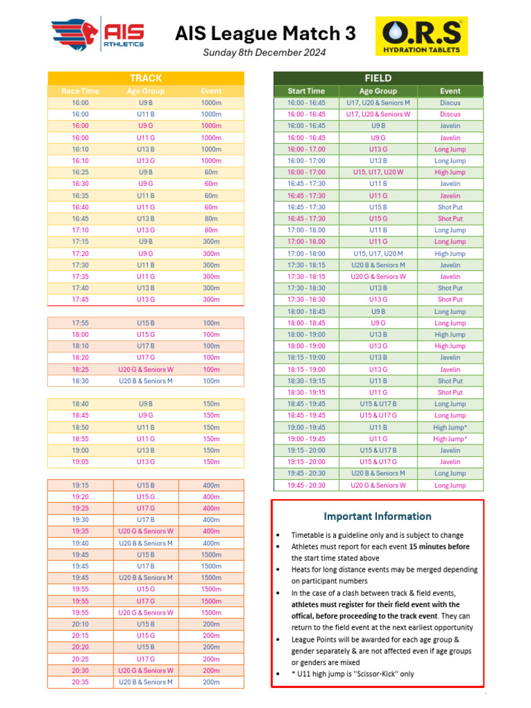 AIS League Match 3 - Timetable Dec 2024-25 | PDF | Athletic Sports ...