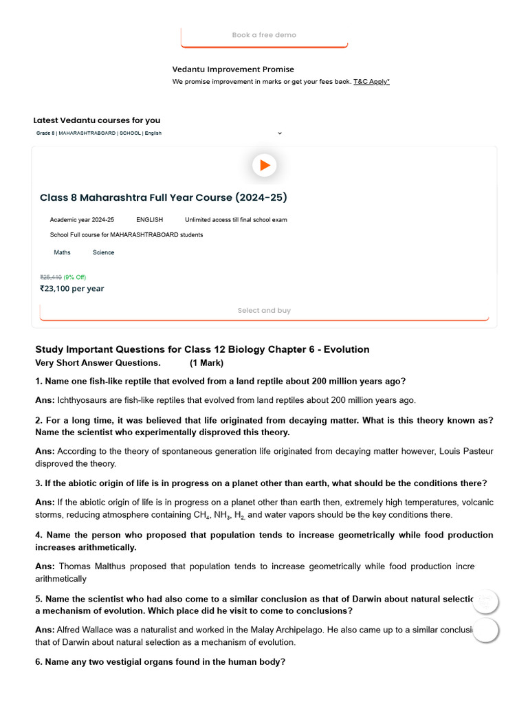 CBSE Class 12 Biology Chapter 6 Evolution Important Questions 2024-25 ...