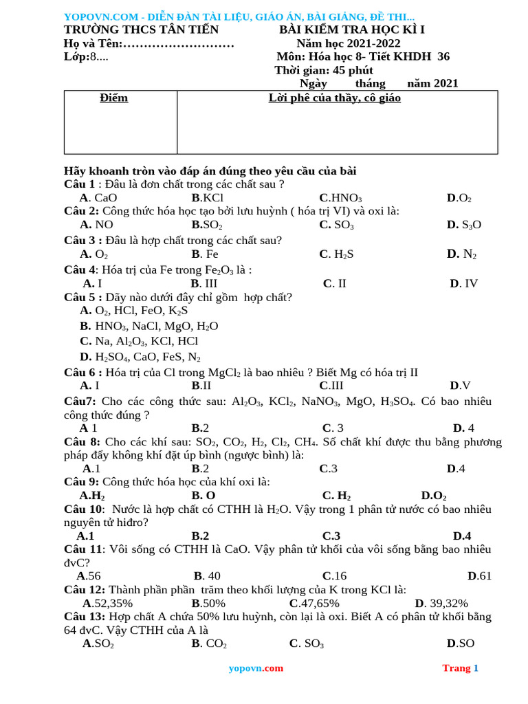 YOPOVN.com--De-thi-HK1-Hoa-8-THCS-Tan-Tien-co-dap-an | PDF
