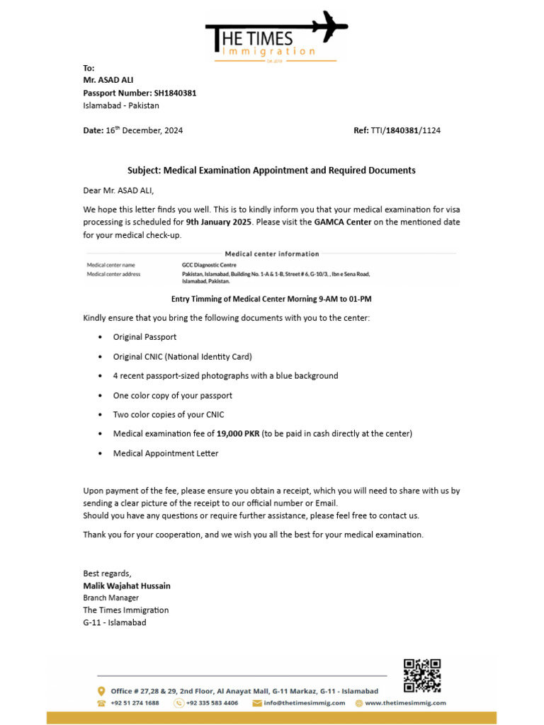 Asad Ali Medical Appointment | PDF