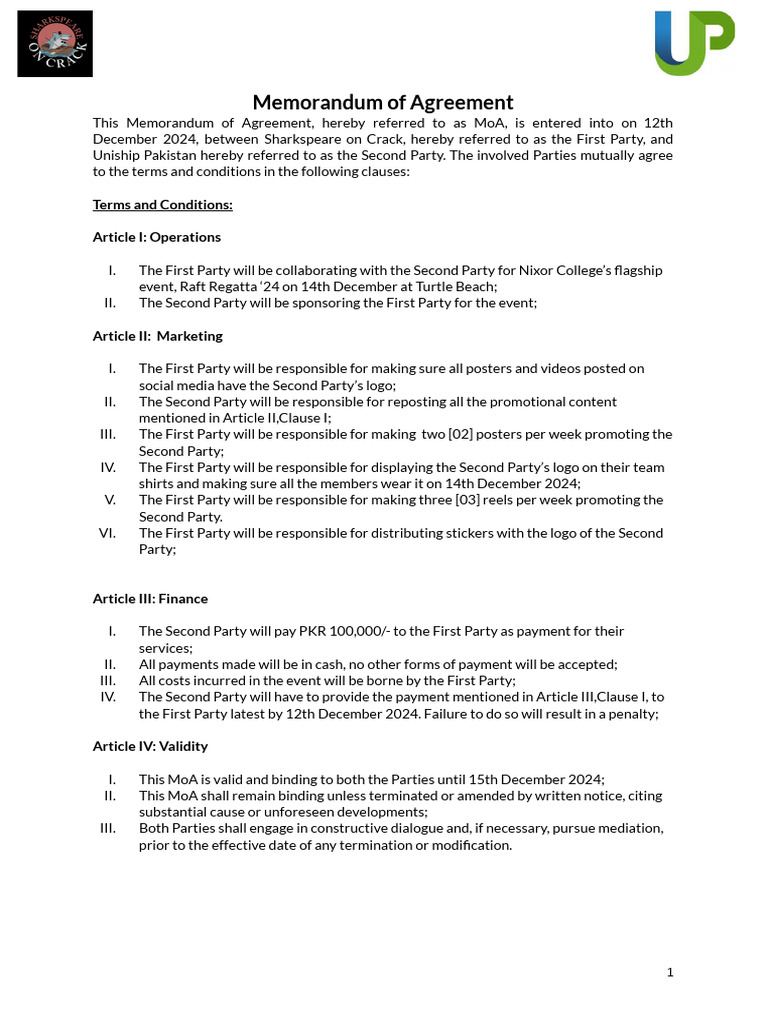 Copy of Memorandum of Agreement - Uniship Pakistan (1) | PDF | Public ...