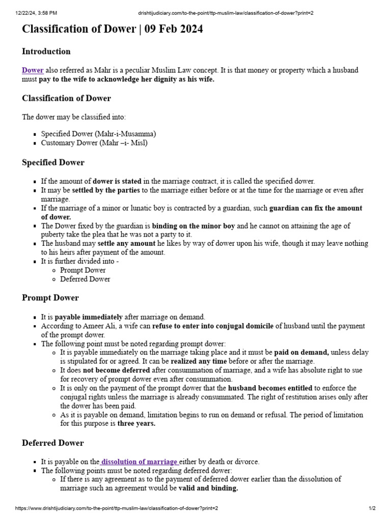 To The Point - TTP Muslim Law - Classification of Dower - Print 2 | PDF | Marriage | Justice