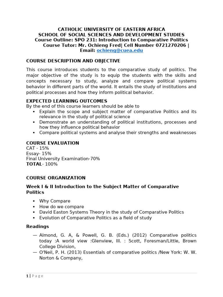 SPO 231 Introduction To Comparative Politics Course Outline | PDF | Political Science | Liberal ...