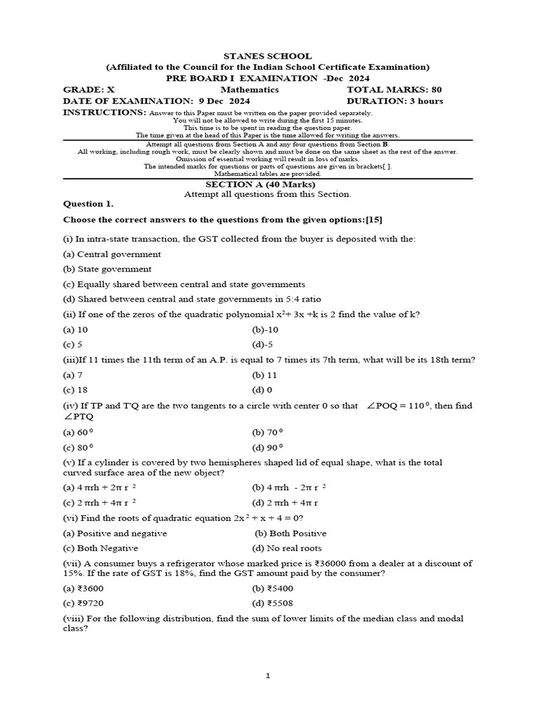 Qp math 10 icse2024 dec - | PDF | Circle | Sphere