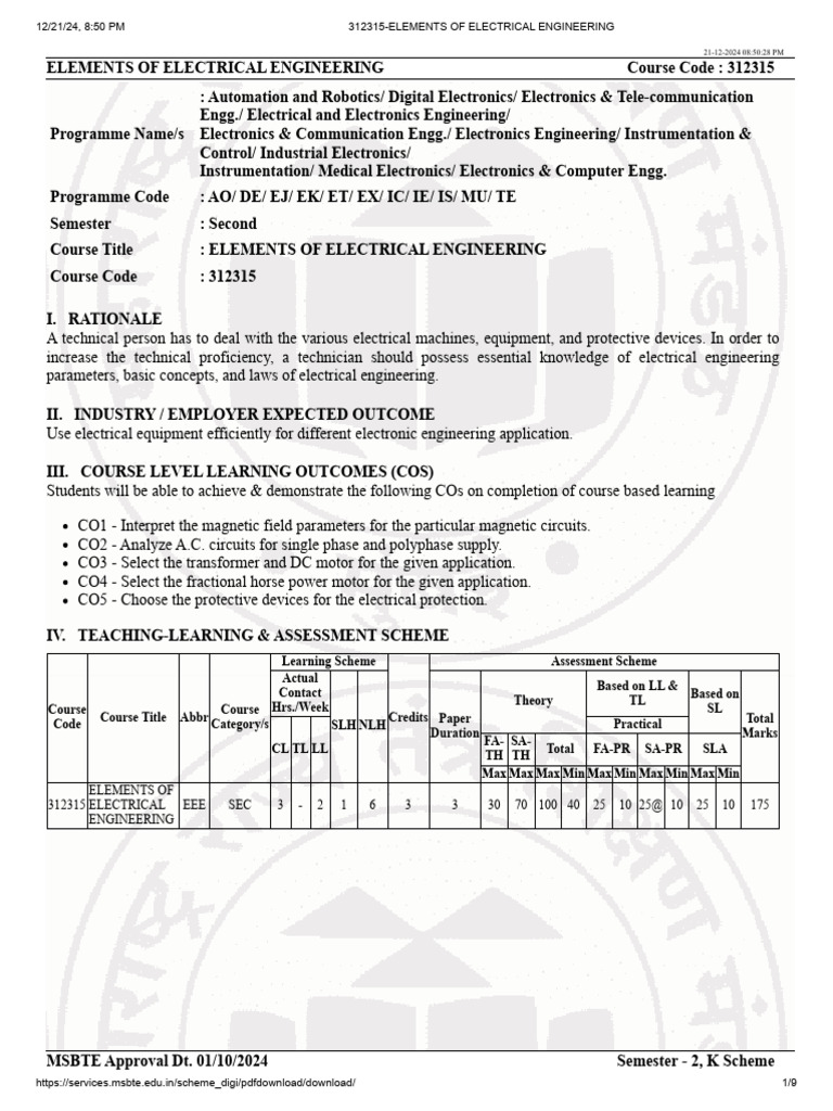 Syllabus-Elements of Electrical Engineering | PDF | Electric Motor | Electromagnetic Induction