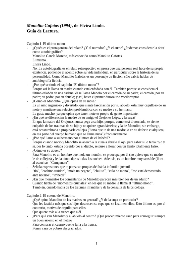 Manolito Gafotas, de Elvira Lindo - Cuestionario Con Solucionario | PDF ...