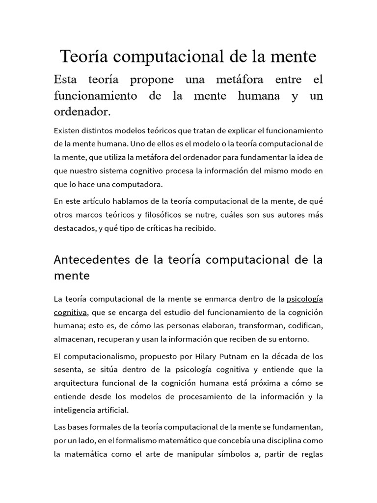 LA TEORIA COMPUTACIONAL DE LA MENTE | PDF | Filosofía de la mente | Mente LA TEORIA COMPUTACIONAL DE LA MENTE | PDF | Filosofía de la mente | Mente