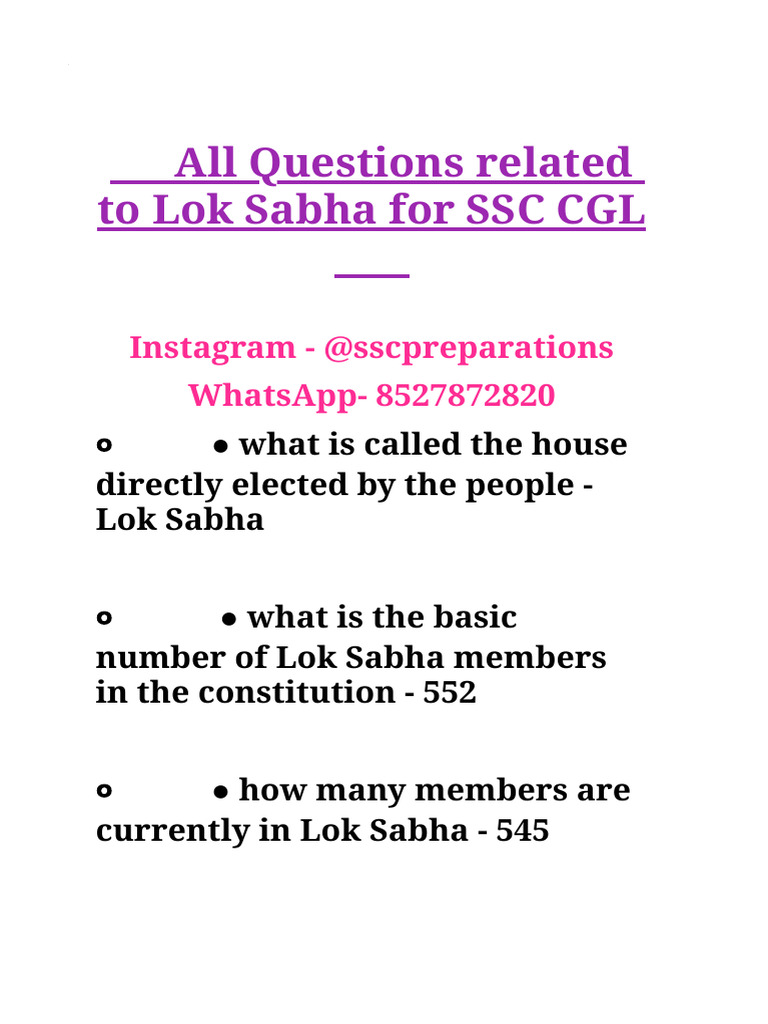 Static GK Topic 59 All Questions Related To Lok Sabha | PDF | Public ...