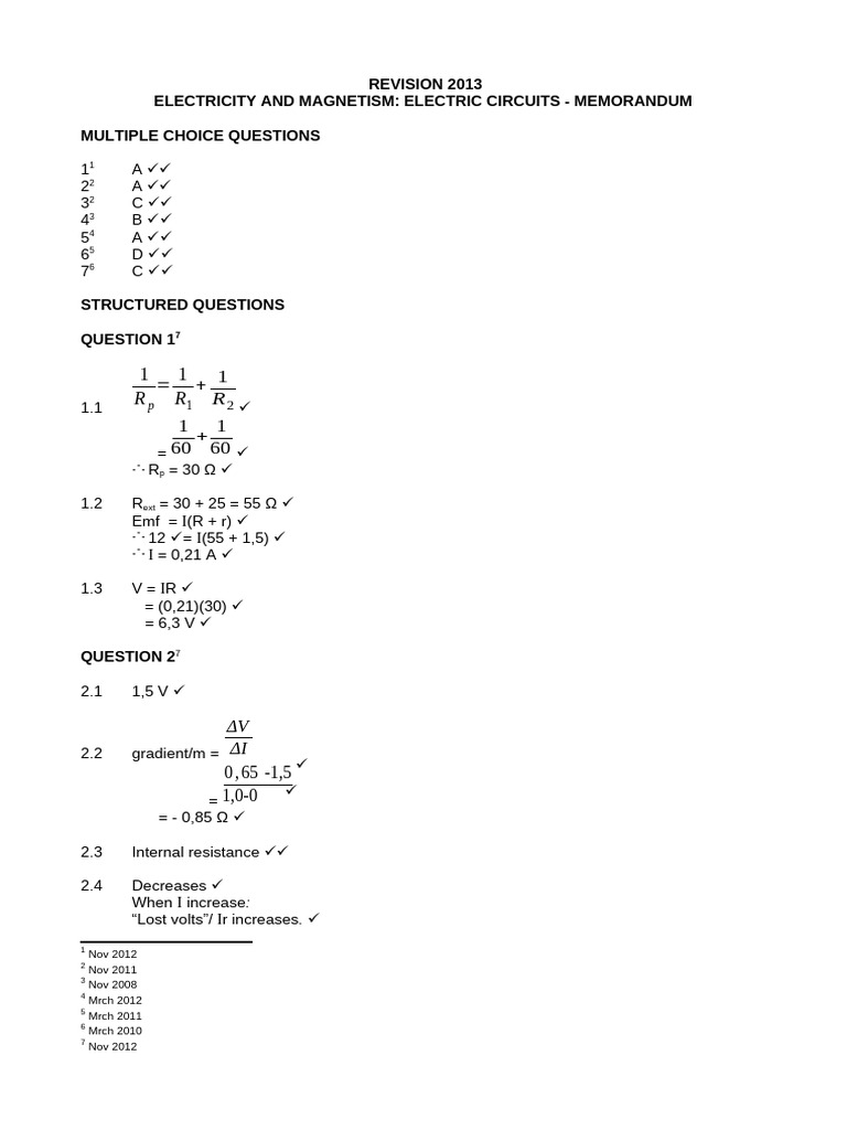 Electricity Worksheet Memo | PDF | Voltage | Electrical Resistance And Conductance
