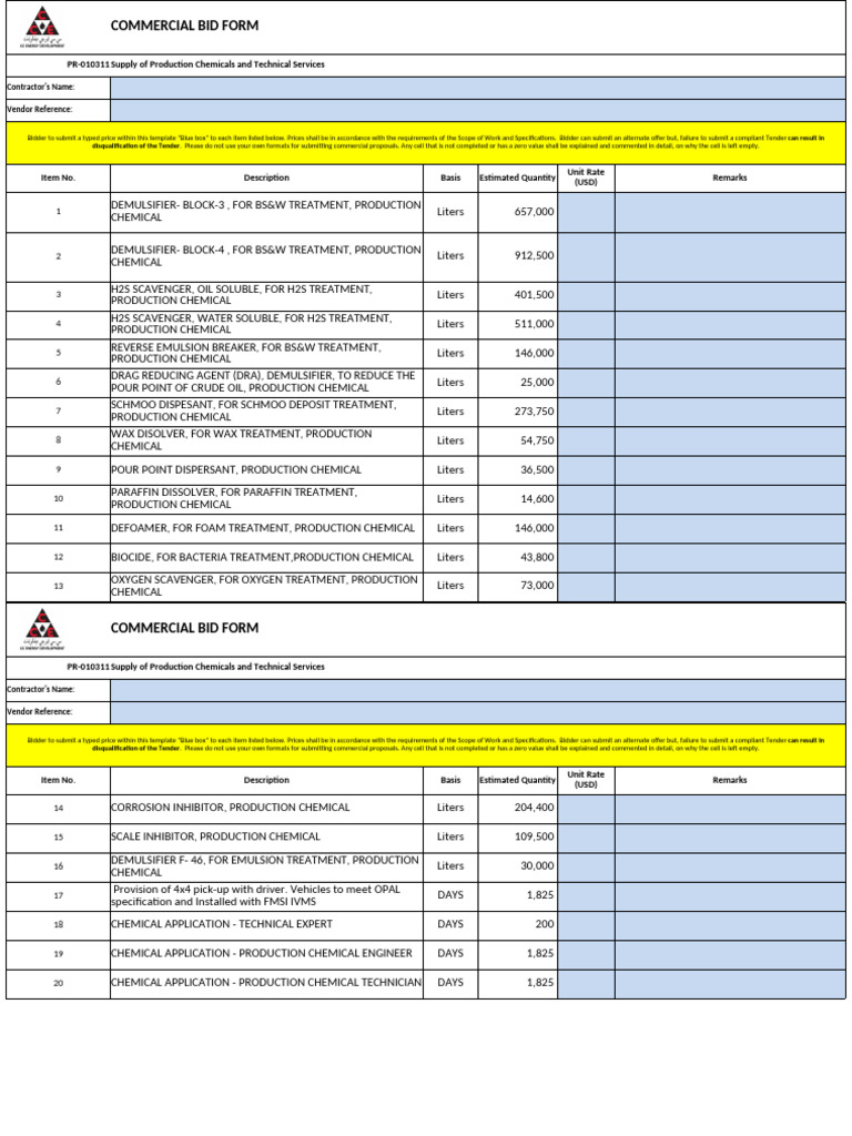 1703756797216-1PR010311 Commercial Bid Form | PDF | Chemical Substances ...