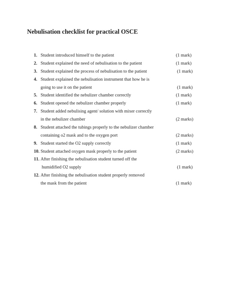 Nebulisation and CPR Checklist For Practical OSCE | PDF | Clinical ...