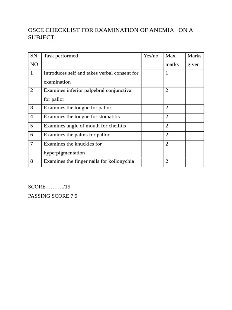Osce Checklist For Examination of Anemia On A Subject | PDF