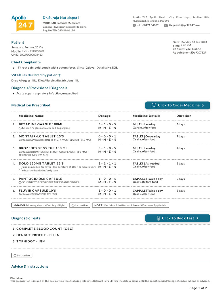 Prescription - Apollo 2471698905643725 (1) (1) - 3 | PDF | Medicine ...