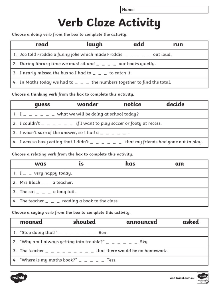Verb Cloze Activity Worksheet | PDF