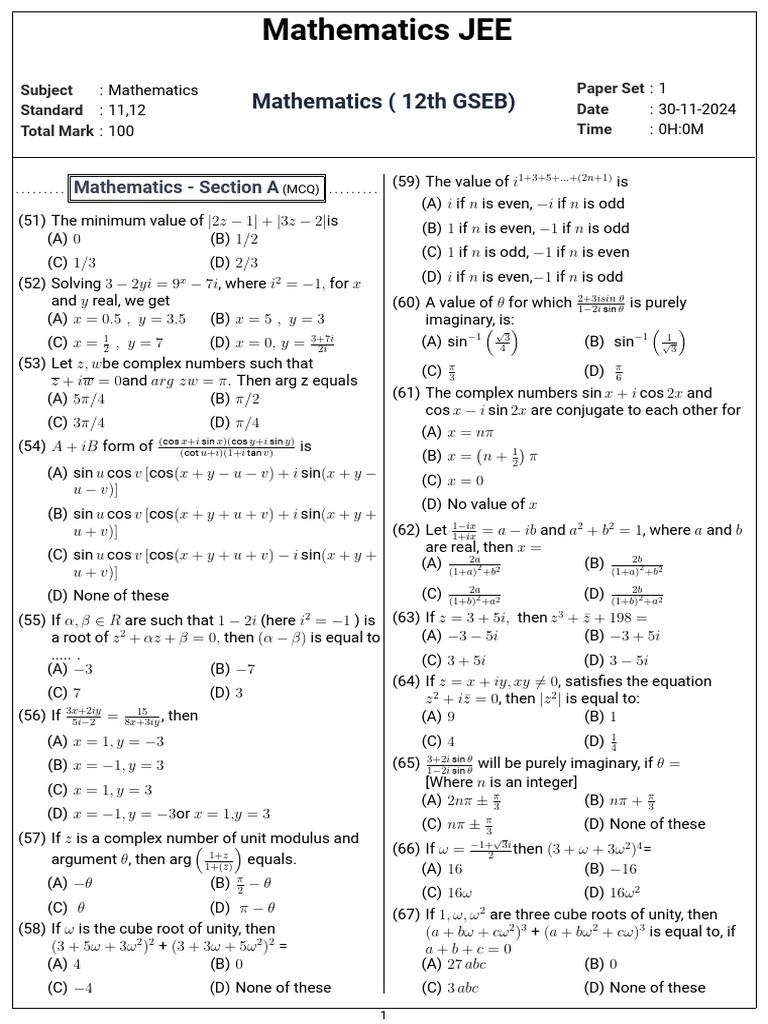 JEE Mathematics Paper Set 1 Solutions | PDF | Complex Number | Number ...