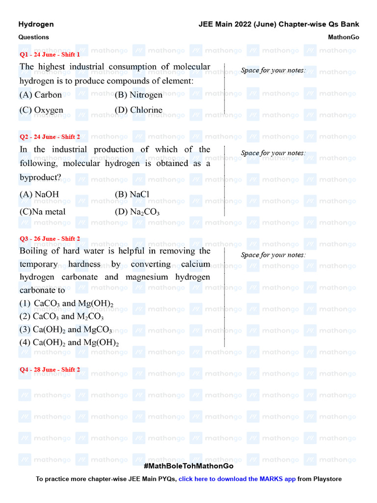 Hydrogen - JEE Main 2022 Chapter Wise Questions by | PDF