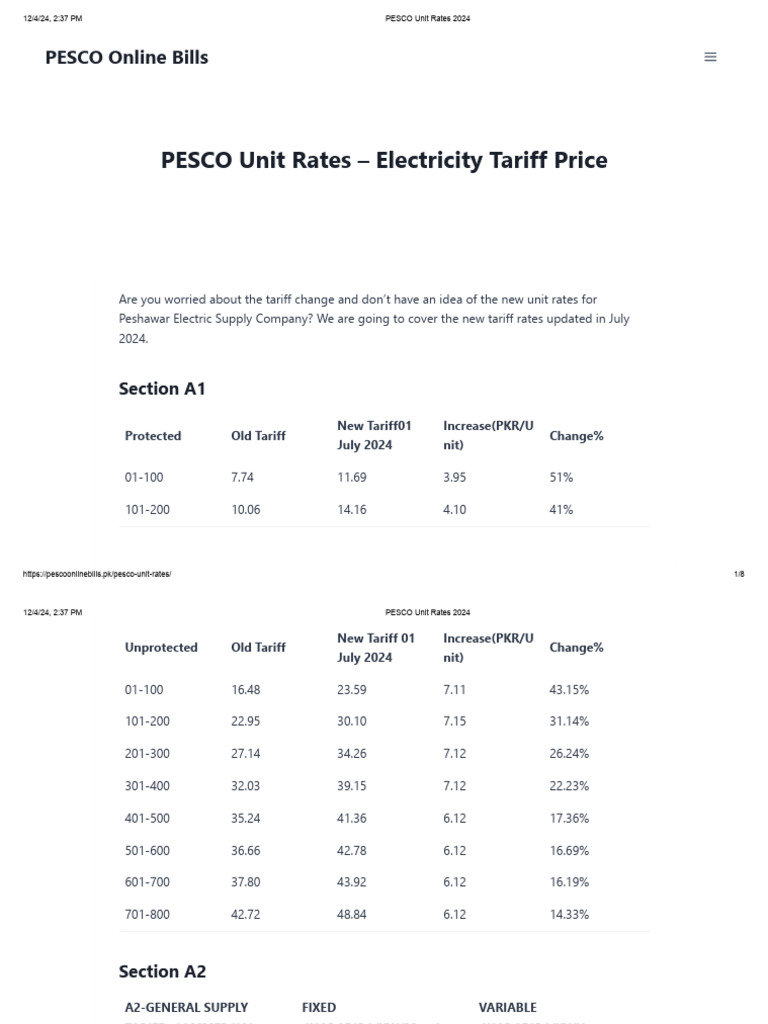 PESCO Unit Rates Update July 2024 | PDF | Electrical Engineering ...