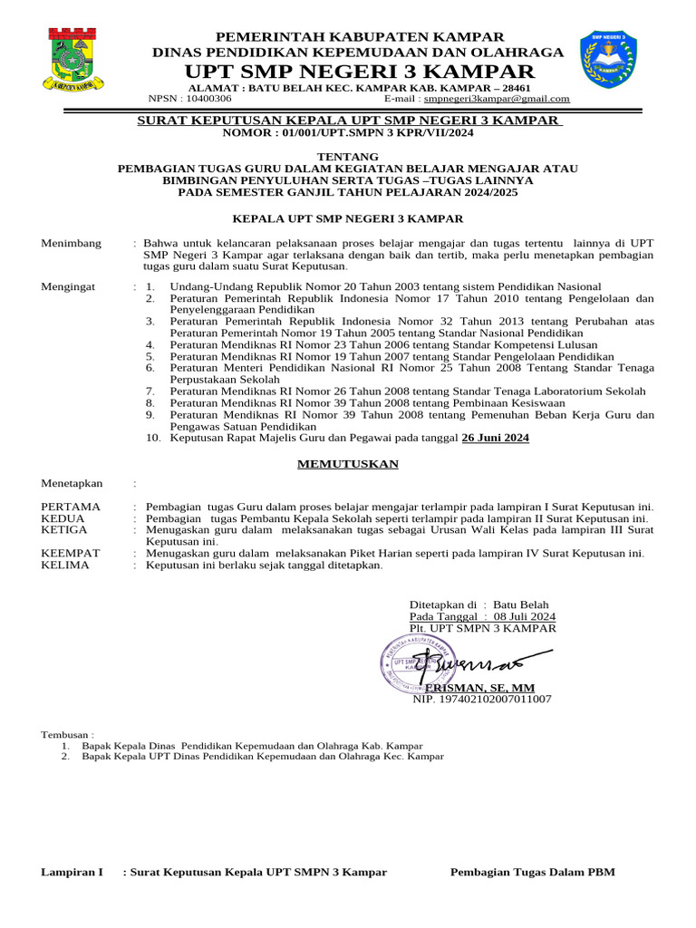SK PEMBAGIAN TUGAS SEMESTER GANJIL 2024 2025 PLT | PDF