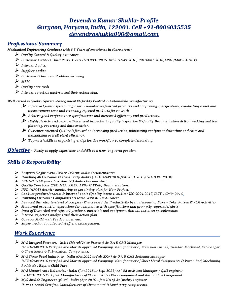 Cv-Devendra | PDF | Audit | Iso 9000