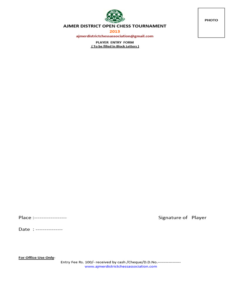 Ajmer District Chess Tournament Entry Form | PDF