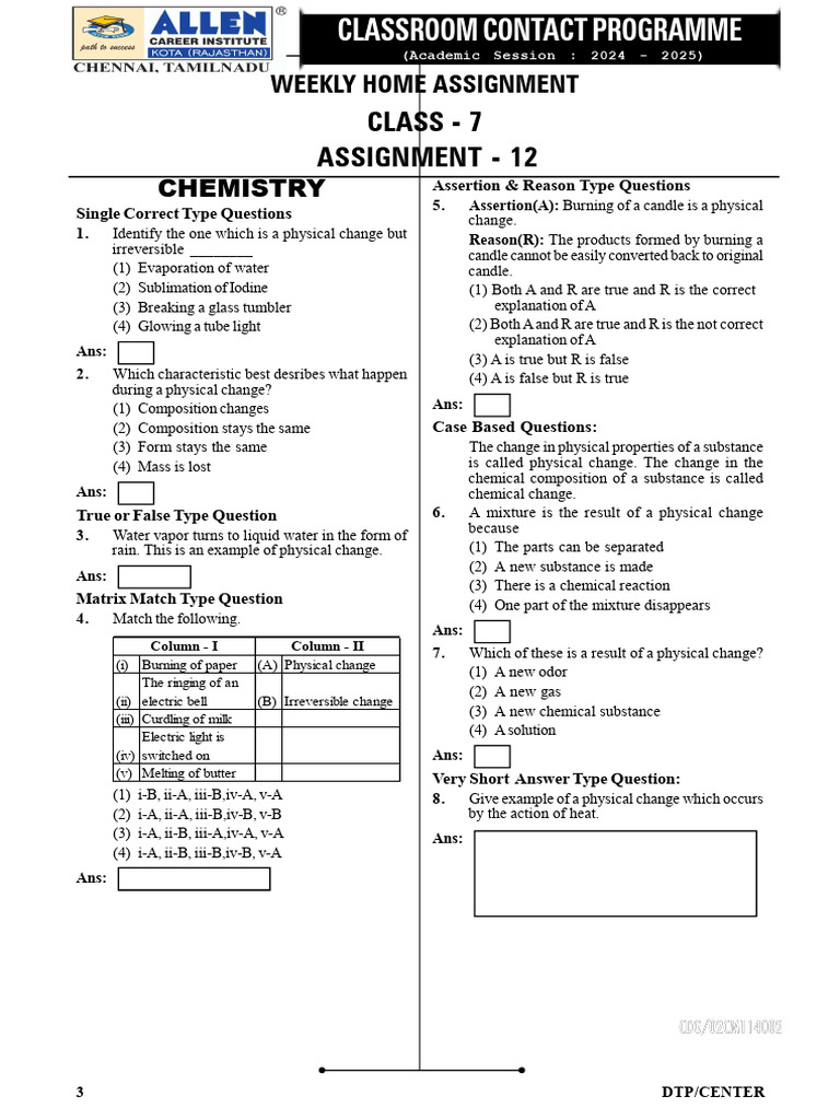 Chemistry worksheet class -7 | PDF | Chemical Substances | Water