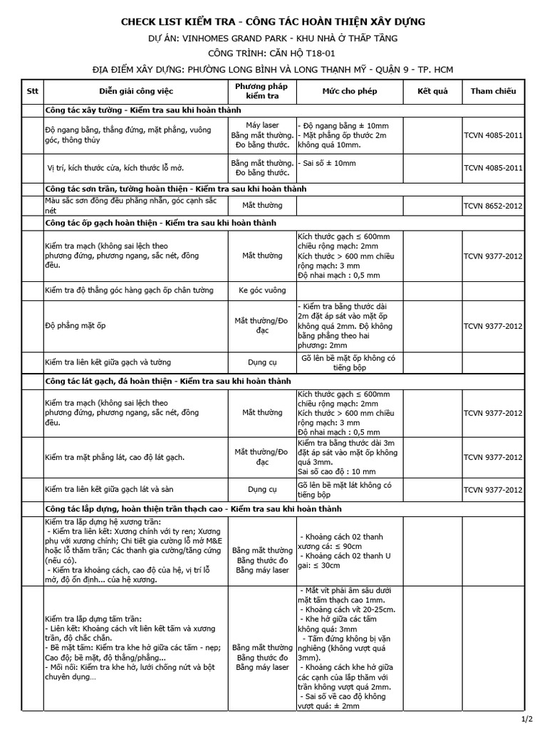Check List Kiểm Tra Công Tác Hoàn Thiện Xây Dựng | PDF