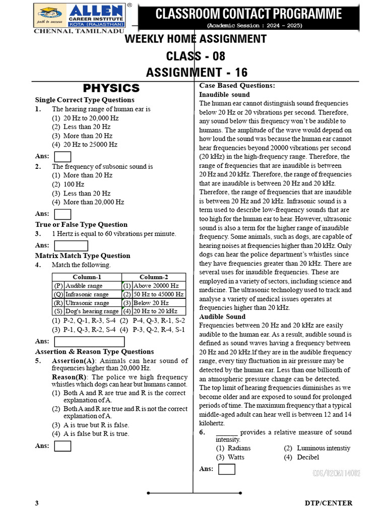 Week-16 Class-08 Home Assign 24-25 Physics | PDF | Sound | Hertz