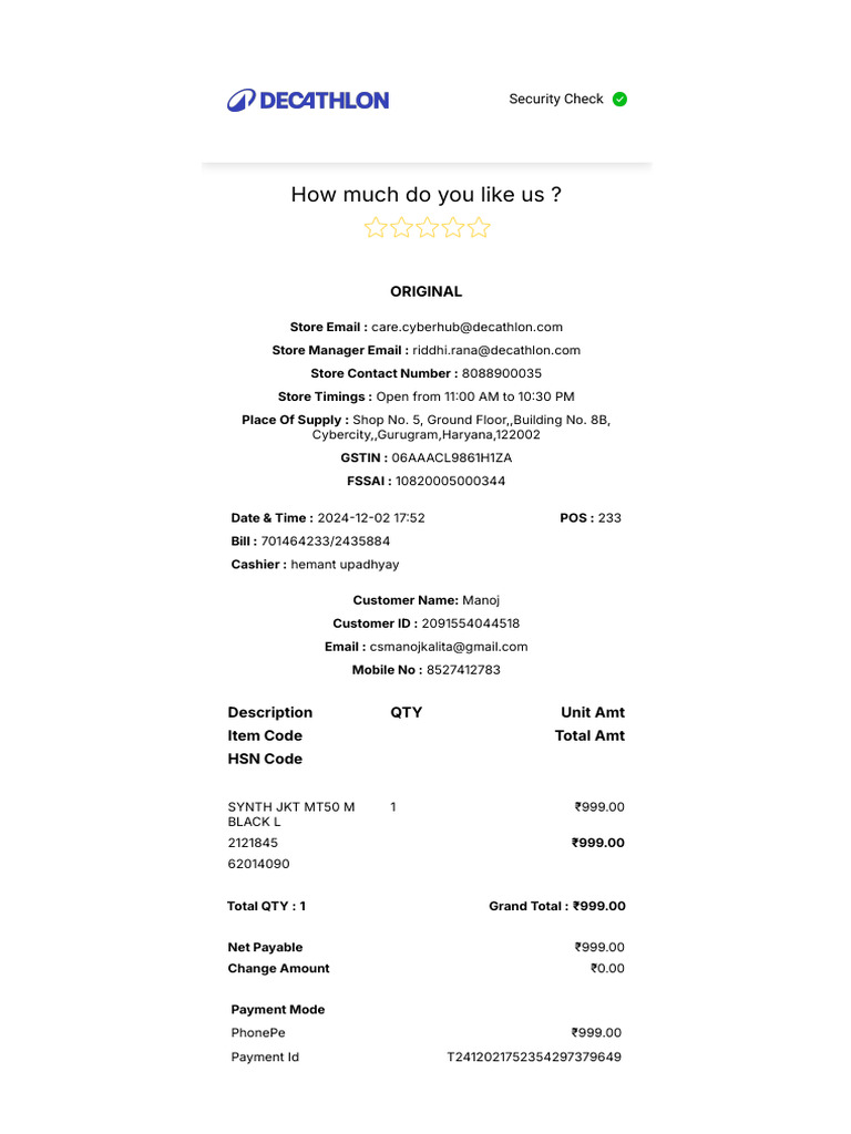 Decathlon Purchase Receipt Details Pdf