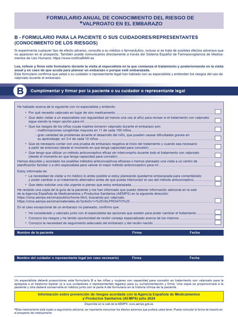 Formulario - de - Conocimiento - Riesgo Valproato 2024 | PDF | El embarazo | Control de la natalidad