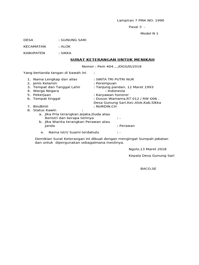 SURAT KETERANGAN UNTUK MENIKAH nani 2 | PDF