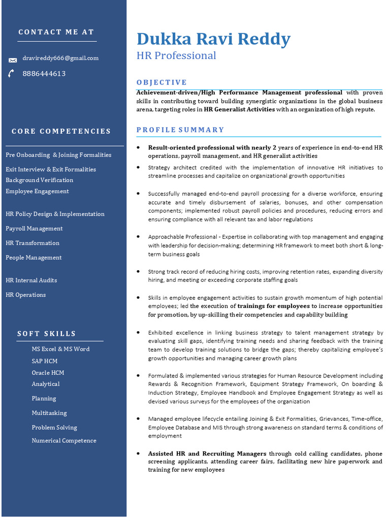 D_Ravi_Reddy_Resume 2 | PDF | Human Resources | Human Resource Management