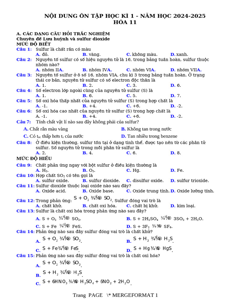 Nội Dung Ôn Tập HK 1 - H 11-2324 | PDF