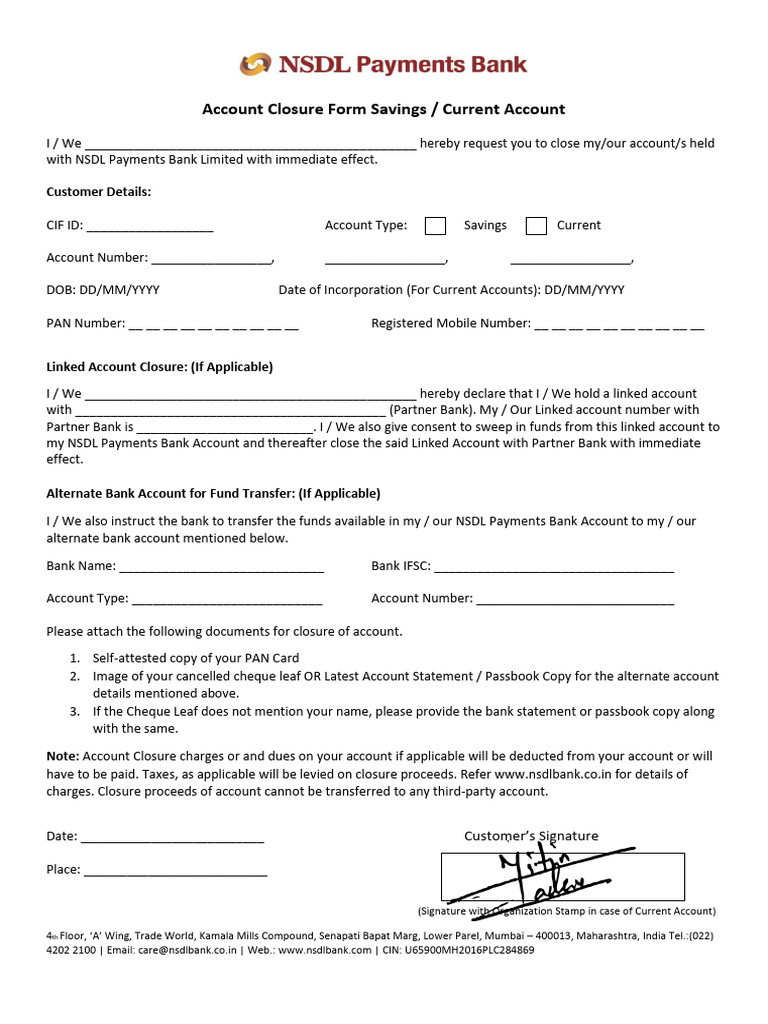 NSDL Account Closure Request Form | PDF | Transaction Account | Banks