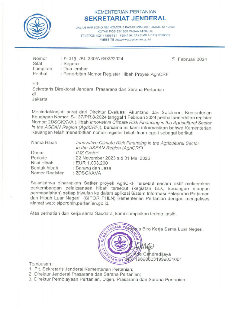 Surat Penerbitan Nomor Register AgriCRF - GIZ (1) - Opt | PDF