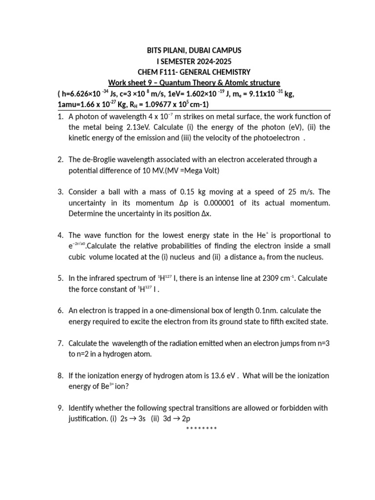 Worksheet 9 Physical Chem-Quantum and Atomic Structure - Qs | PDF