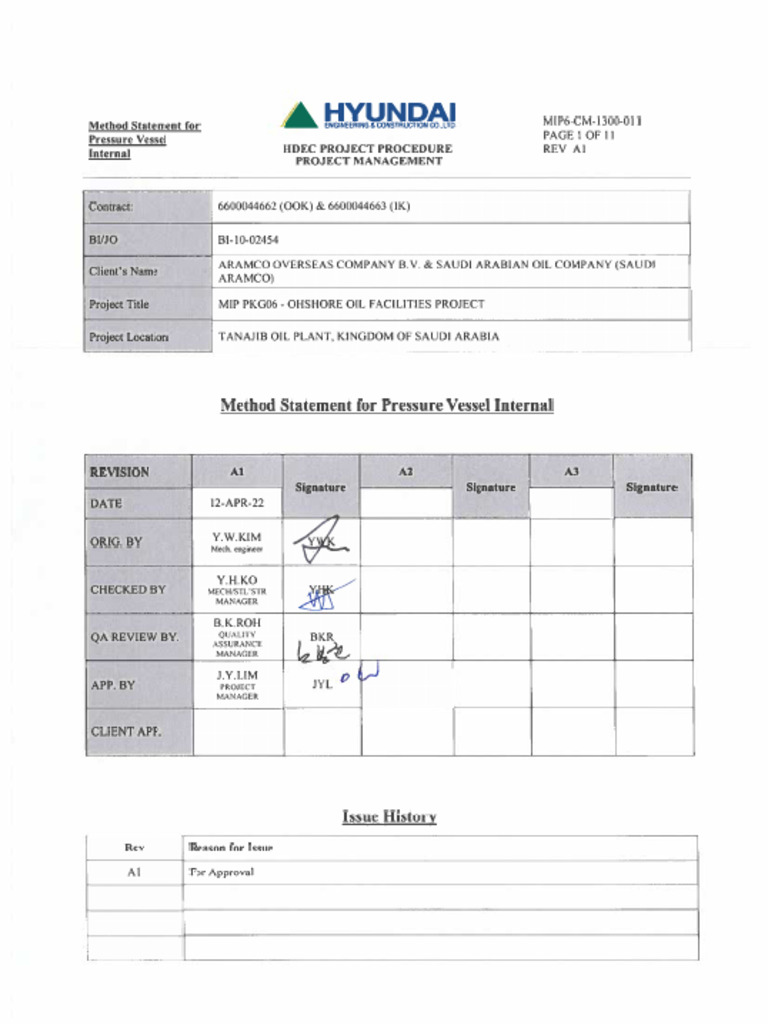 MIP6-CM-1300-011 - Method Statement For Pressure Vessel Internal | PDF ...