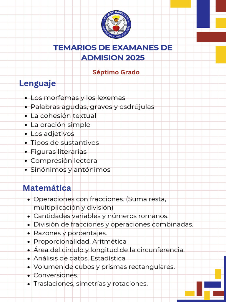 Temario Examen Admisión 2025 7° Grado | PDF