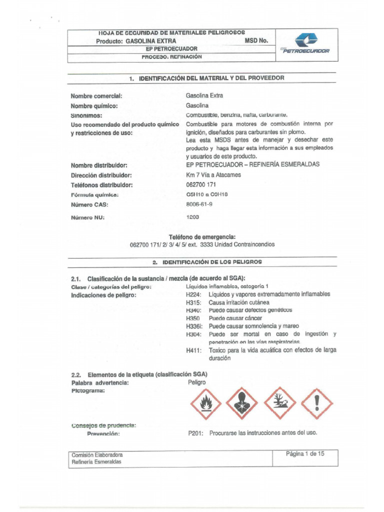 Gasolina Extra Ecuador MSDS | PDF