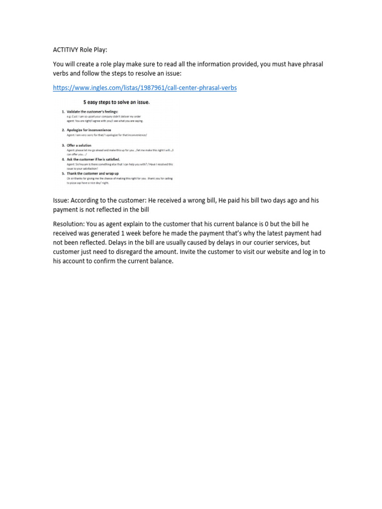 Call Center Role Play: Billing Issue | PDF
