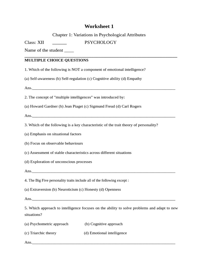 PSY XII Chap.1 Worksheet 1 | PDF | Intelligence | Emotional Intelligence