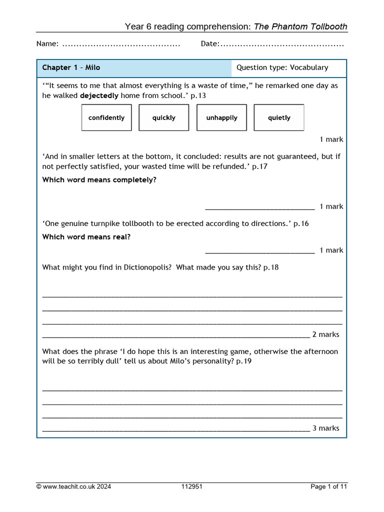 Year 6 Comprehension: Phantom Tollbooth | PDF | Children's Fiction ...