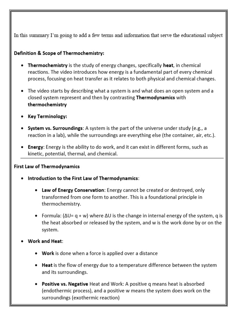 Chemistry (Summary On Thermochemistry) | PDF | Heat | Enthalpy