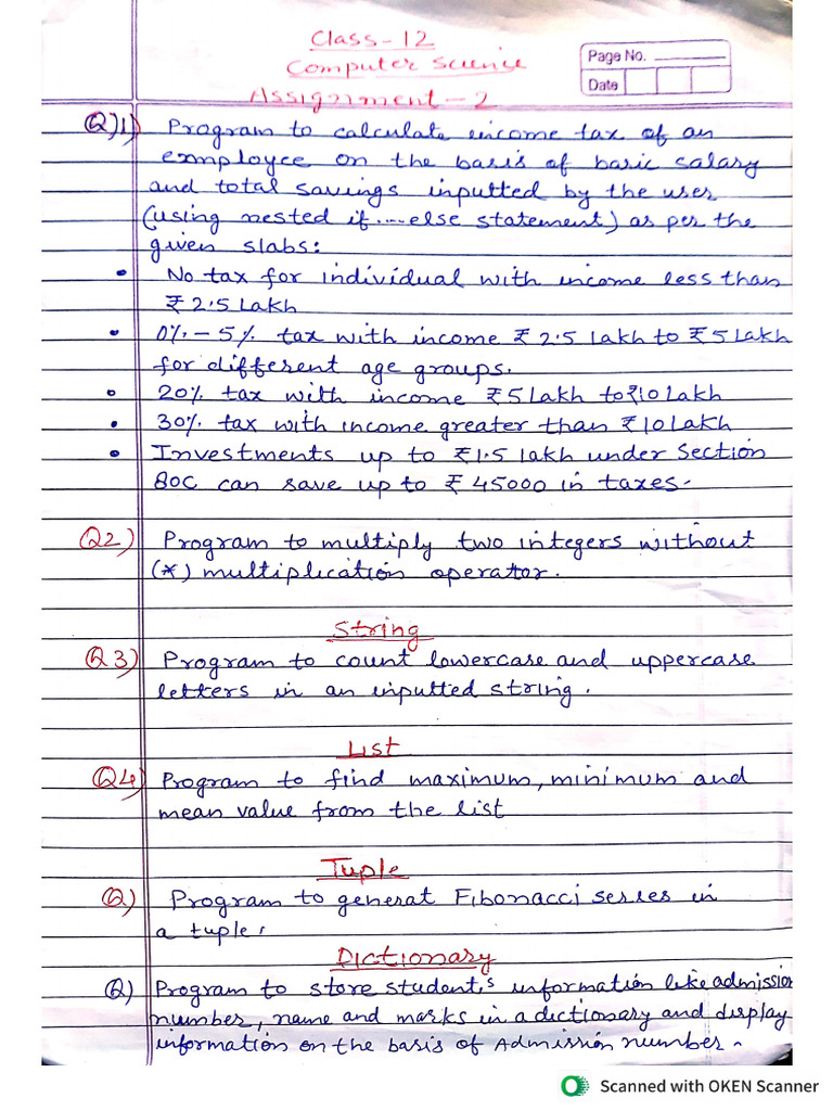 Class 12 - Assignment 2 - Introduction of Python | PDF